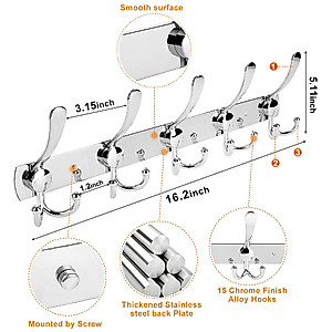 JOSHNESE Wall Mount Coat Hooks,5 Tri Hooks Heavy Duty Stainless Steel Hook Rail for Coat Hat Towel Robes Mudroom Bathroom Entryway（2 Pack,Silver