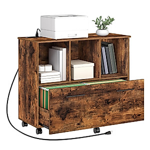 HOOBRO Wooden File Cabinet, Filing Cabinet with Charging Station, Mobile Lateral Home Office Cabinet, Rolling Printer Stand with 3 Open Compartments and Drawer, A4, Letter Size, Rustic Brown FG22UWJ01