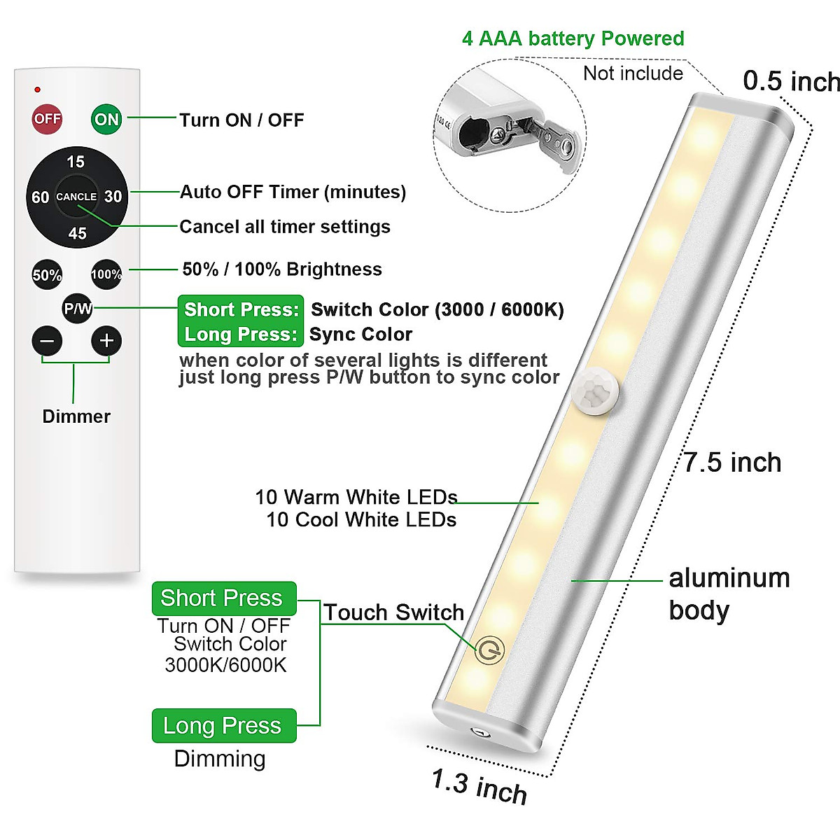 SZOKLED Under Cabinet Lights Battery Operated, Remote Control Closet Light 20-LED, Wireless Counter Lighting, Stick on Touch Night Light for Kitchen Hallway Stairs, Timing & Dimmable, 4 Pack