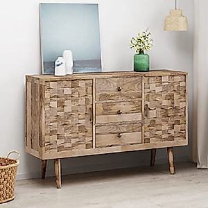 Great Deal Furniture Zona Mid-Century Modern Mango Wood 3 Drawer Sideboard with 2 Doors, Natural