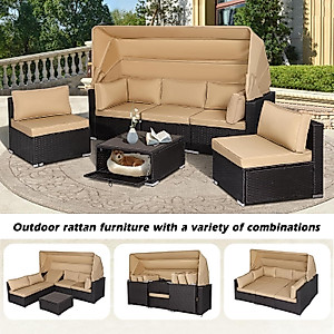 LEISU 6-Piece Outdoor Patio Rattan Daybed Furniture Set with Retractable Canopy, Adjustable Backrest,Holiday Sectional Chaise Longue Sofa Set for Backyard Poolside Garden (Khaki)