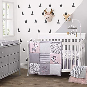 Little Love By Nojo Sweet Deer, Grey, Pink, White 3Piece Nursery Crib Bedding Set With Comforter, Fitted Crib Sheet, Dust Ruffle, Pink, Grey, White, Charcoal