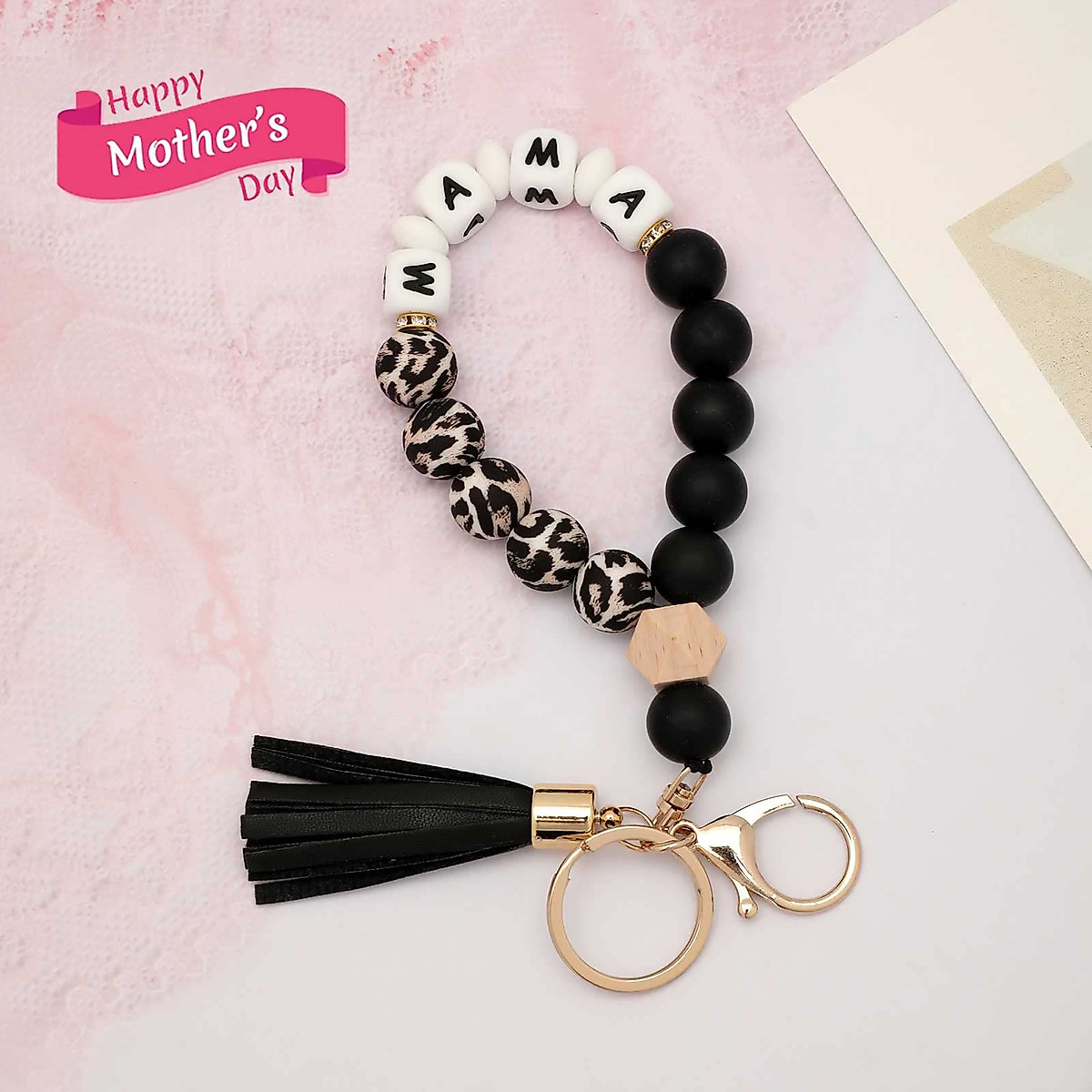 BAOSIWA Silicone Beaded Mama Key Chain Bracelet Wristlet Keyring Leopard Bangle Keychains Mothers Day Gifts for Women with Leather Tassel
