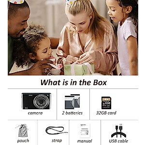 Digital Camera, Kids Camera with 32GB Card FHD 1080P 44MP Vlogging LCD Screen 16X Zoom Compact Portable Mini Rechargeable Gifts for Students Teens Adults Girls Boys