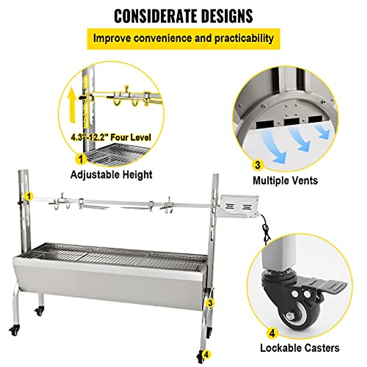VEVOR 132 LBS Rotisserie Grill Roaster, 40W BBQ Small Pig Lamb Rotisserie Roaster, 50 Inch Stainless Steel Charcoal Spit Rotisserie Roaster Grill for Camping and Outdoor Barbecue