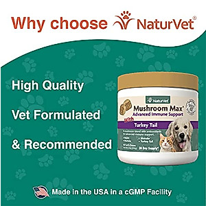 NaturVet Mushroom Max Advanced Immune Support Dog Supplement – Helps Strengthen Immunity, Overall Health for Dogs – Includes Shitake Mushrooms, Reishi, Turkey Tail – 60 Ct.