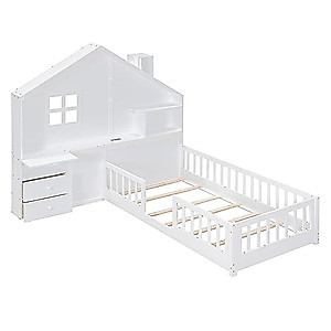 BOVZA Wooden House Montessori Floor Twin Bed for Kids with Window and Bedside Drawers, Platform Bed with Shelves and a Set of Sockets and USB Port, White