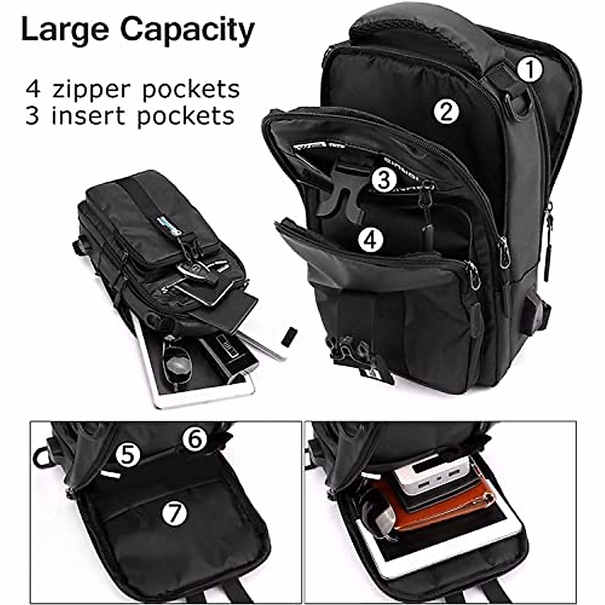 Peicees Sling Bag for Men Waterproof Sling Backpack Crossbody Chest Bag Purse with USB Charging Port for Travel Hiking