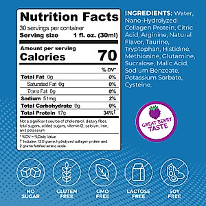 ProT Gold Liquid Collagen Protein Shot, 17g Clear Protein Nano-Hydrolyzed Grass Fed Collagen, 2g Arginine for Wound Support, Gluten Free, Sugar Free, 0g Carbs, Non GMO, Berry, 30 fl oz Bottle