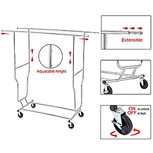 Tajsoon Clothes Rack,Collapsible Standard Rolling Garment Rack With Wheels,Extendable Liftable Y Type Heavy Duty Double Rods Clothes Hanging Rack,Commercial Clothing Storage Display Stand,Chrome