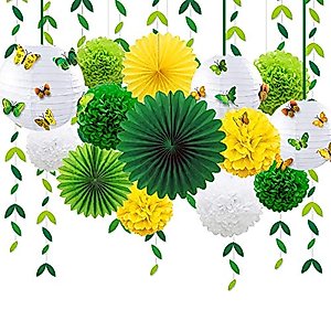 Yellow Green Party Decoration Kit Hanging Paper Fans Lanterns Flowers Pom Pom with 3D Butterfly Green Leaves Garland for Birthday Wedding Engagement Baby Shower Spring Summer Garden Tea Party Decor