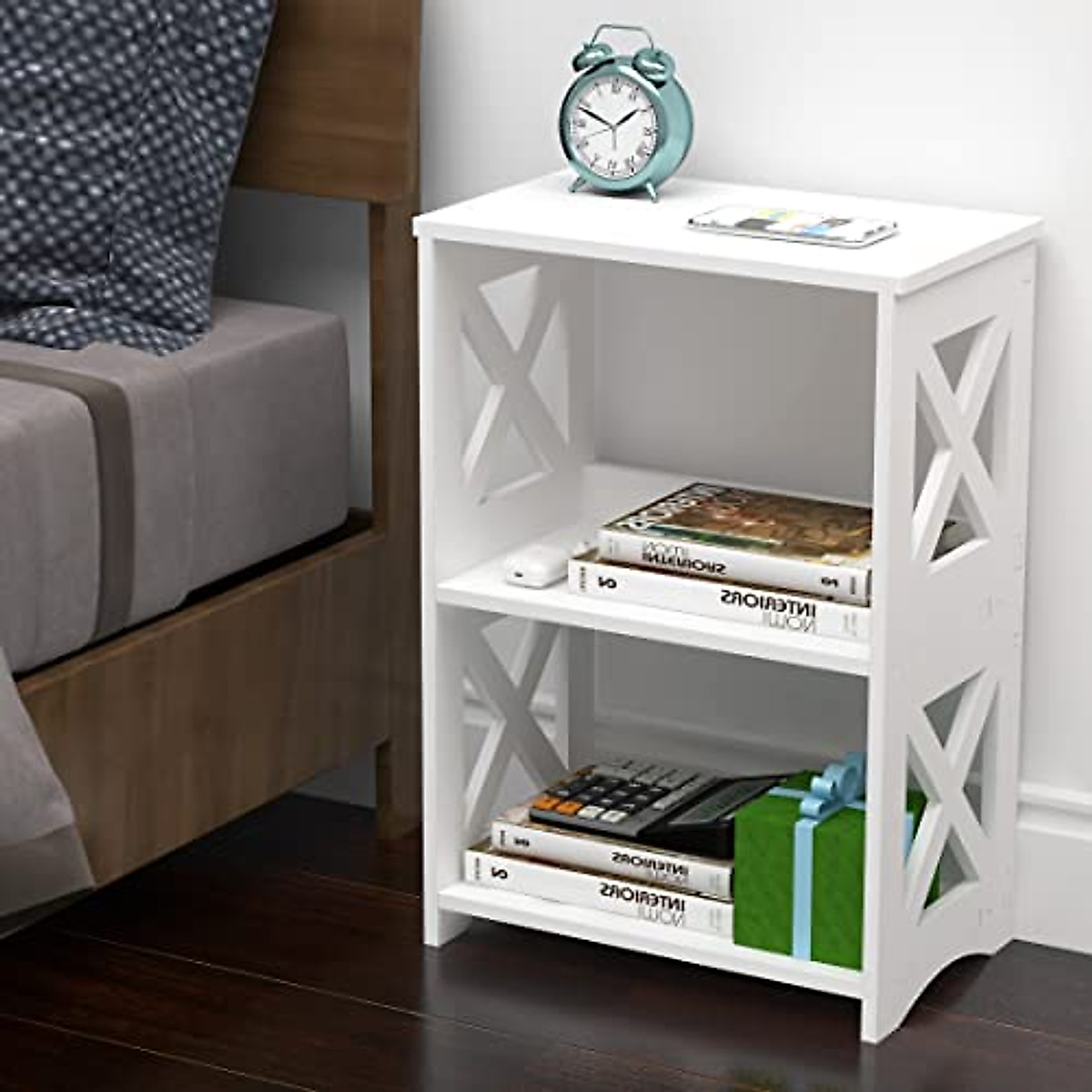 pikpuk Side Table, Narrow End Table with Storage Shelf, Minimalist Bedside Tables Nightstand, Small Bookshelf Bookcase, Bathroom Storage Shelves, Display Rack for Bedroom, Living Room, Office, White.