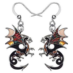 Enamel Alloy Dragon Earrings Fantasy Dinosaur Drop Dangle Fashion Jewelry For Women Charm Gift (Brown)