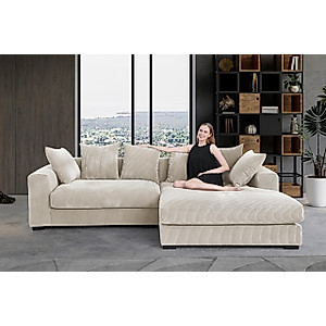 ACQCA 110" Modern Sectional Sofa with Right Facing Chaise, L Shaped Sleeper Couch with 6 Throw Pillows, Corduroy Loveseat for Living Room, Apartment, Beige 1