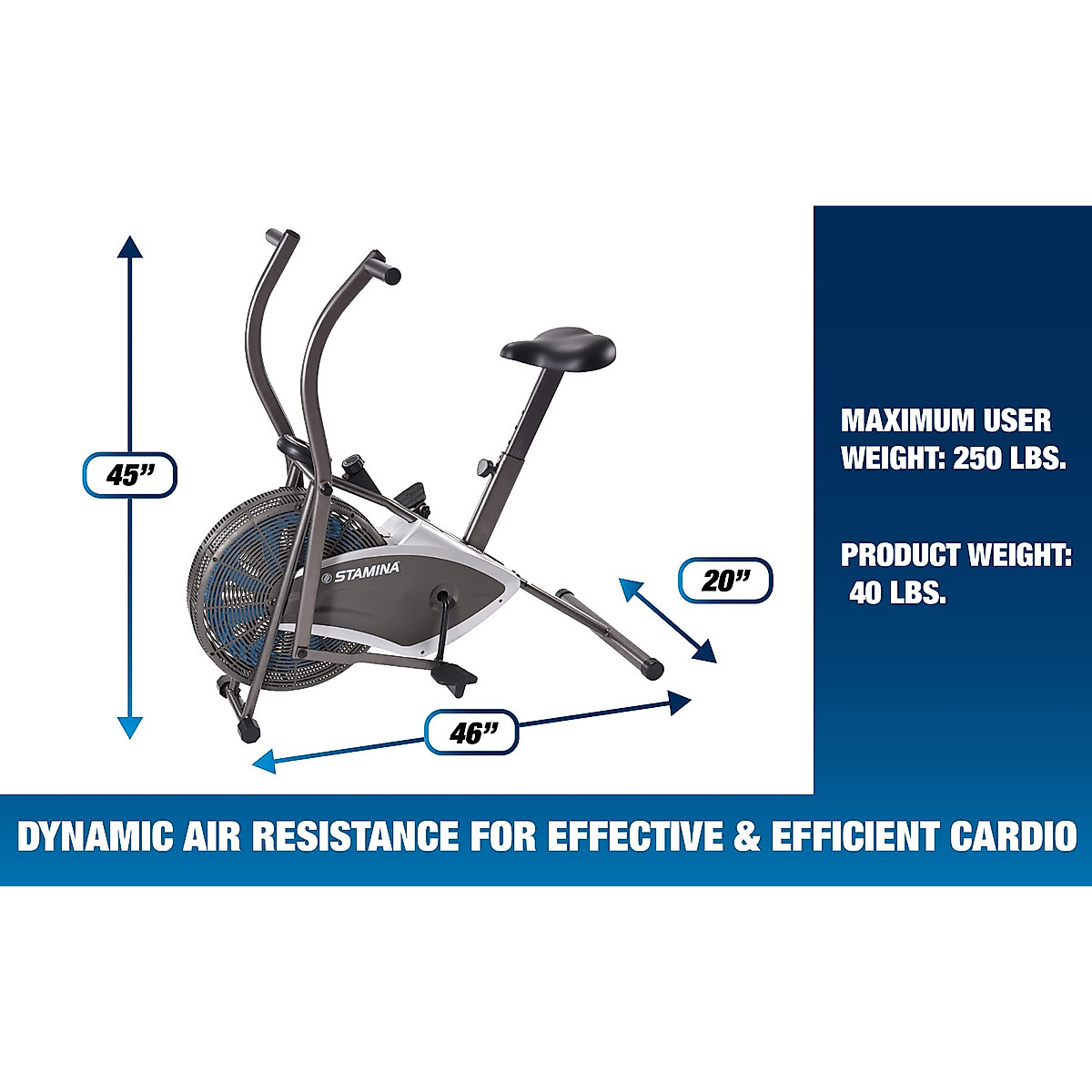 Stamina Air Resistance Bike 876 - Smart Workout App, No Subscription Required - Dynamic, Adjustable Tension - Multi-Function LCD Monitor - Dual-Action Arms to Engage The Upper Body