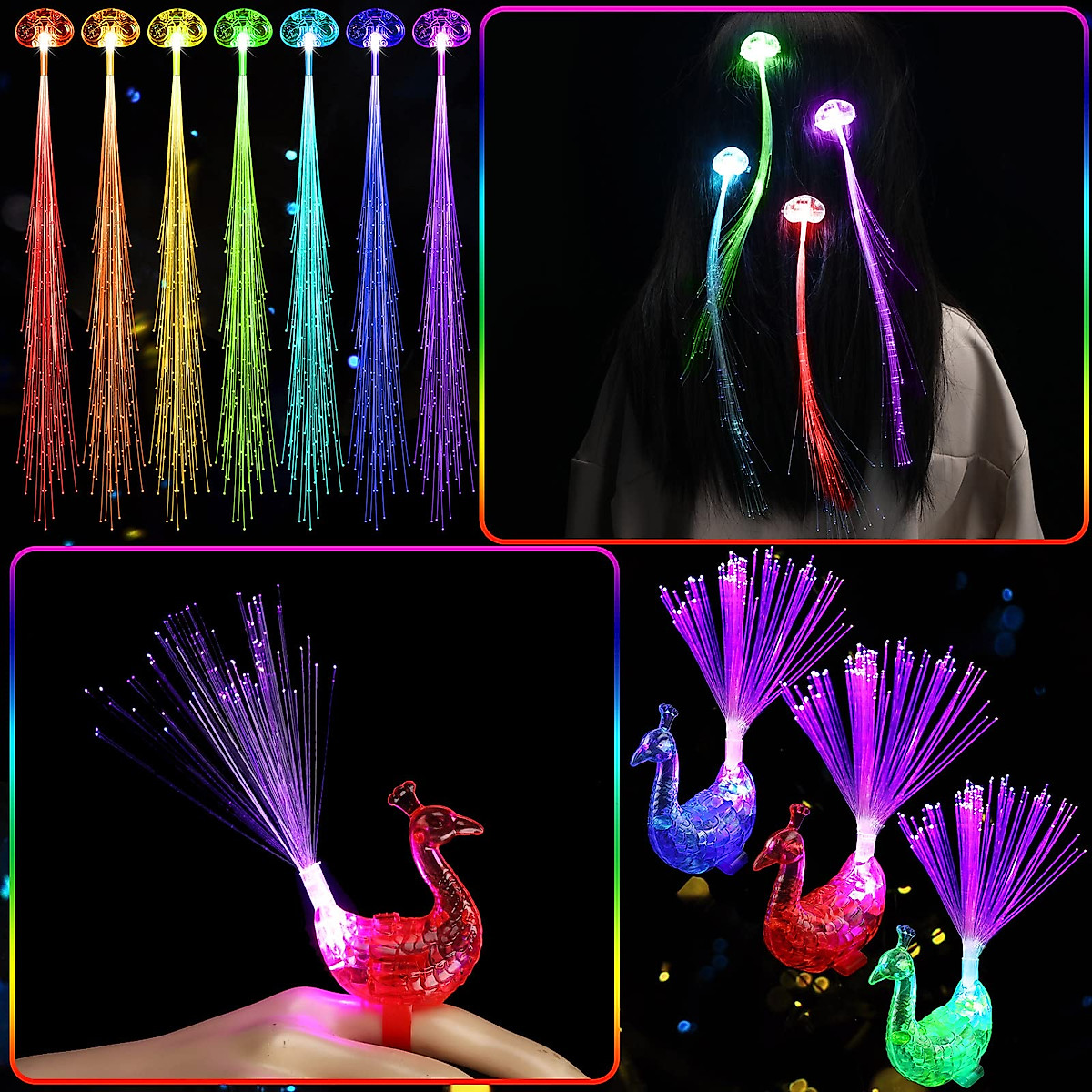 122 PCS Glow In The Dark Party Supplies Light Up Toy Party Favors with 12 Flashing Glasses LED Bracelets Flashing Hair Neon Peacock Finger Light LED Whistle Glow Hand Clappers and 50 Finger Lights
