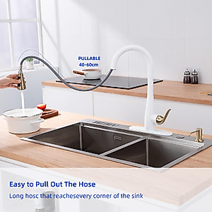 HGHGK Kitchen Faucet with Soap Dispenser and Pull Down Sprayer - Stainless Steel Single Handle Kitchen Sink Faucet, 1 or 3 Hole Design for Modern Farmhouse Kitchens, Rv, and Bar Sinks (Whit and Gold)