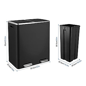 finetones Dual Step Trash Can, 16 Gallon (30L) Stainless Steel Garbage Can with 2 Soft-Close Lid and 2 Removable Inner Wastebasket, Bin Body with Handle for Kitchen, Home Office, Black…