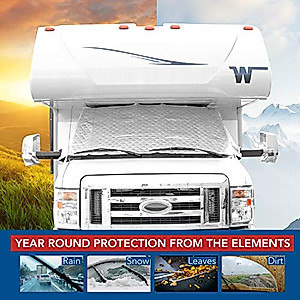 Leisure Coachworks RV Windshield Window Cover for Class C Ford 1997-2021 Motorhome Windshield Snow Cover for RV Front Window Sunshade Cover RV Accessories 4 Layers with Mirror Cutouts Silver