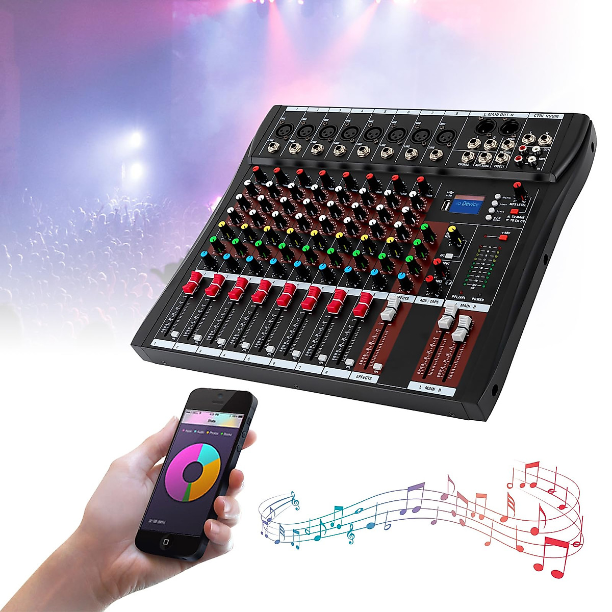 8 Channel Mixing Console Audio Mixer Bluetooth Studio Audio Mixer Sound Mixing Console Desk System Interface with USB Drive for PC Recording AC 110V