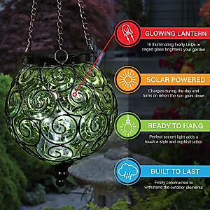 Exhart Outdoor Garden Solar Lights, Round Glass and Metal Hanging Lantern, 15 Firefly LED Lights, 7 x 20 Inch, Green
