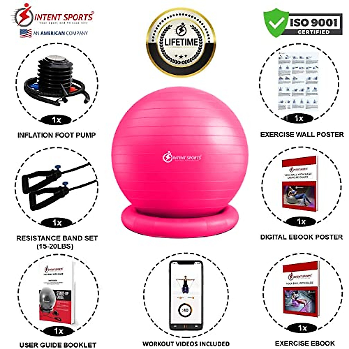 INTENT SPORTS Yoga Ball Chair – Stability Ball with Inflatable Stability Base & Resistance Bands, Fitness Ball for Home Gym, Office, Improves Back Pain, Core, Posture & Balance (65 Cm) (Pink)