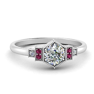 JewelryGift Vintage Hexagon Round Diamond Ring Sterling Silver Created Pink Sapphire Round Shape Pink Color Vintage Engagement Rings Pave Setting in Size 7 Casual Wear for Gift