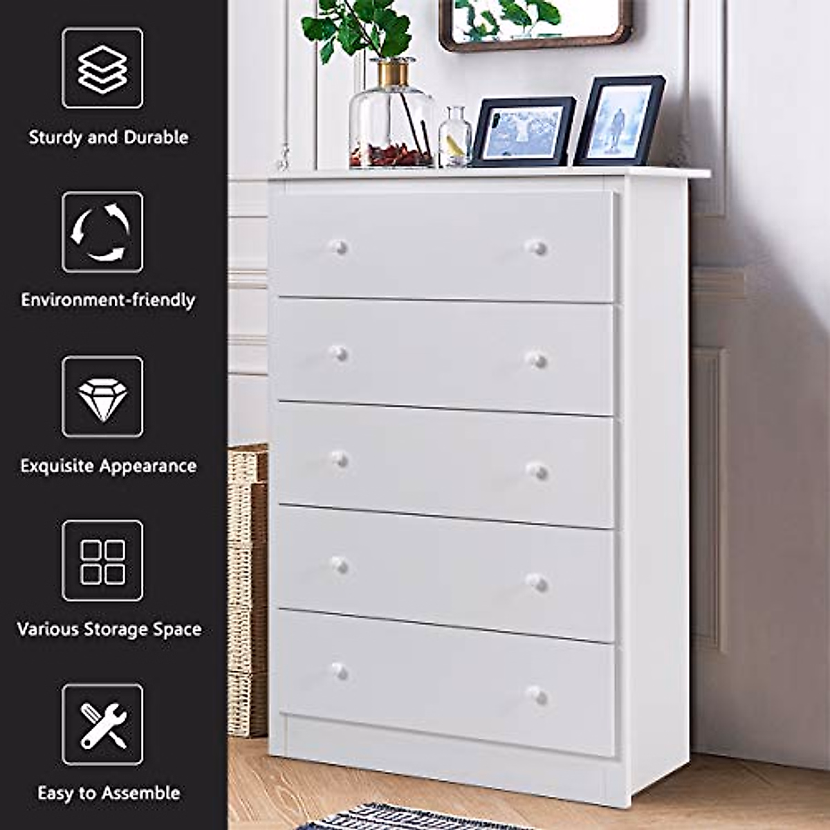 Giantex 5 Drawer Chest, Storage Dresser, Wooden Clothes Organizer Bedroom, Hallway, Entryway Furniture Large Storage Cabinet (White)