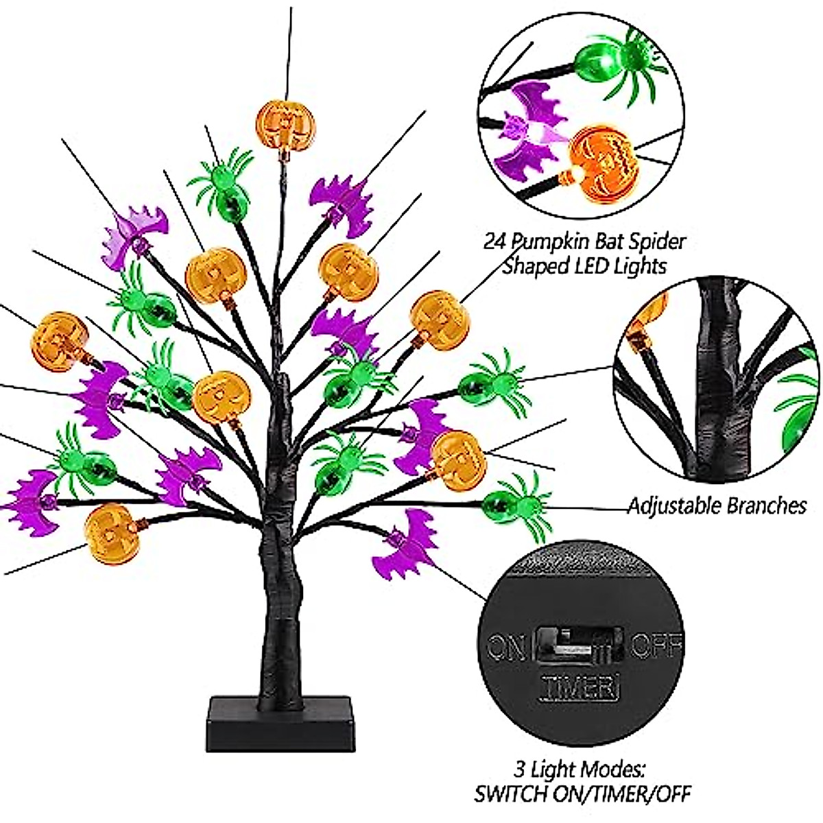 [Timer] Halloween Decor 18 Inch Black Halloween Tree with 24 LED Pumpkin Bat Spider Light, USB/Battery Operated Lighted Birch Tree Spooky Halloween Table Decorations Indoor Outdoor for Home Room Party