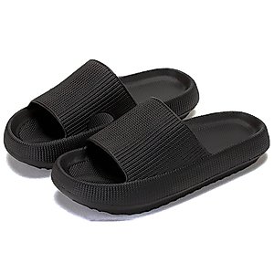 rosyclo Pillow Slipers for and Men, EVA Flat Clouds Massage Shower Bedroom Non Slip Quick Drying Open Toe Super Soft Comfy Thick Sole Puffy Bath Sliders Sandalias, Black