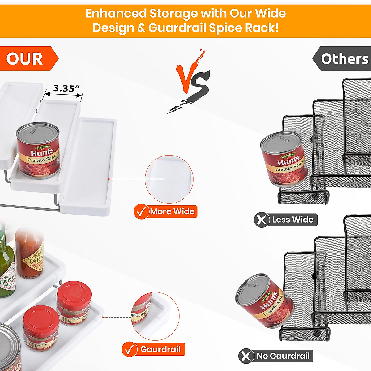 OMAIA Set of Two - 3 Tier Spice Rack Organizer - Expandable 3-Level Spice Organization for Cabinet, Pantry, Kitchen Countertop - Adjustable Length with Sturdy Metal Frame - White