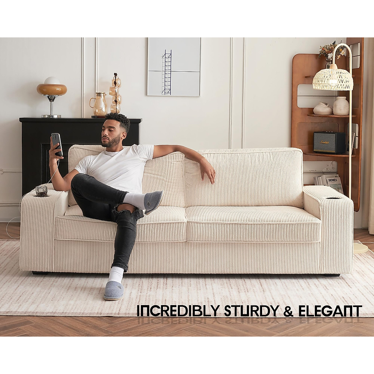 Jocisland Sofa, 89 Inch Deep Seat Couch with USB Charging Stations & Drink Holders, Modern Sofa- Comfy Sofa Couch for Living Room (Beige Corduroy)