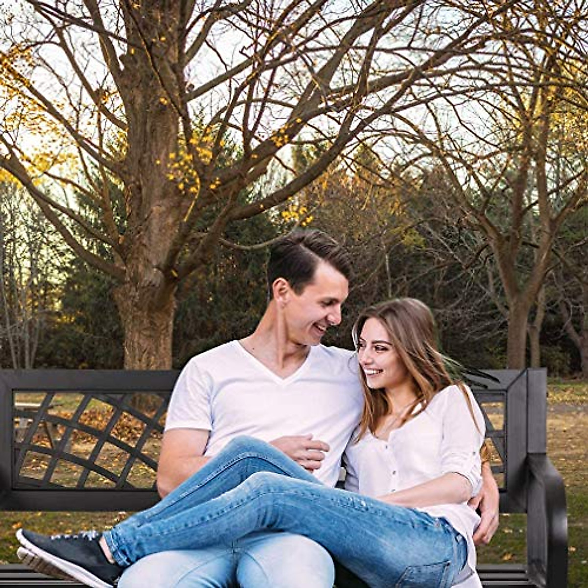 Garden Bench Patio Bench Outdoor Park Bench Metal Outside Porch Chair Seat Cast Iron Steel Frame Sturdy Bench Patio Furniture for Yard Porch Entryway Lawn Decor Deck, Black, 46 in