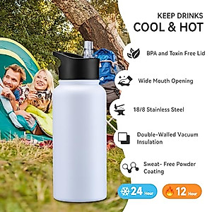 Cool Yoleb 32 Oz Insulated Stainless Steel Water Bottle with Straw and Spout Lid Leak Proof Double Wall Vacuum Sports Water Bottles for Gym Camping Hiking White, 8 Pack