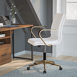 Flash Furniture James Mid-Back Designer Executive Office Chair - White LeatherSoft Upholstery - Brushed Gold Base and Arms - Height Adjustable 360° Swivel Seat