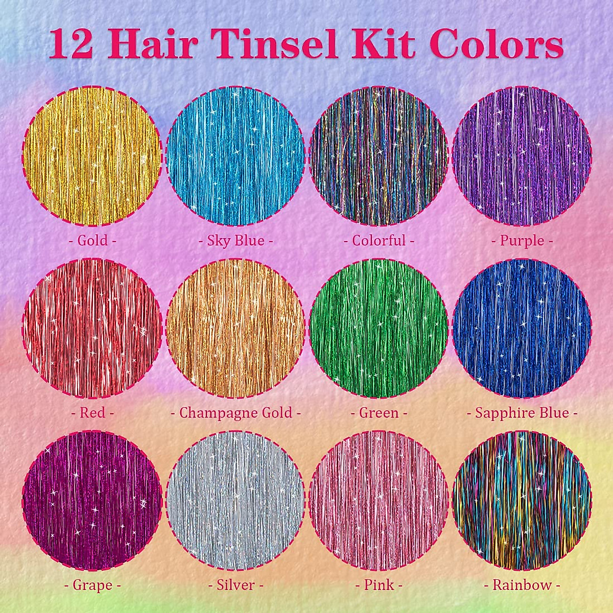 UPTOUP 46 inch Hair Tinsel Kit with Tools 12 Colors 2000 Strands Glitter Sparkling Shiny Hair Extensions Silk Fairy (12 colors)