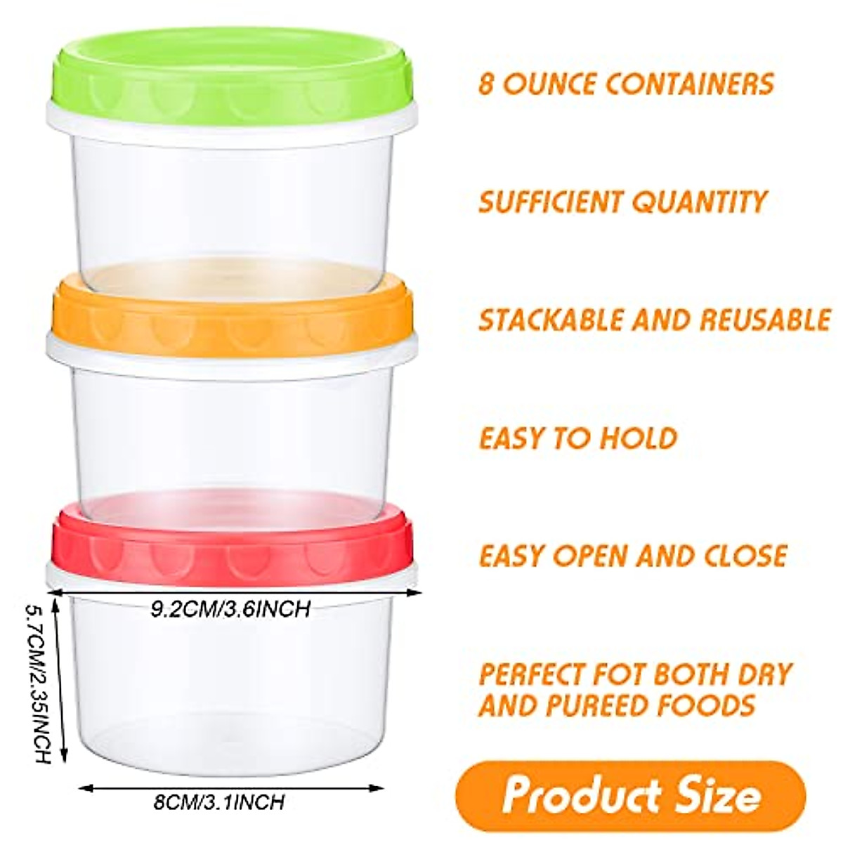 72 Pack 8 oz Twist Top Food Storage Containers with Screw Lids Reusable Freezer Containers Plastic Airtight Deli Food Jars for Food Microwave Dishwasher Leak Proof (Red, Yellow, Green)