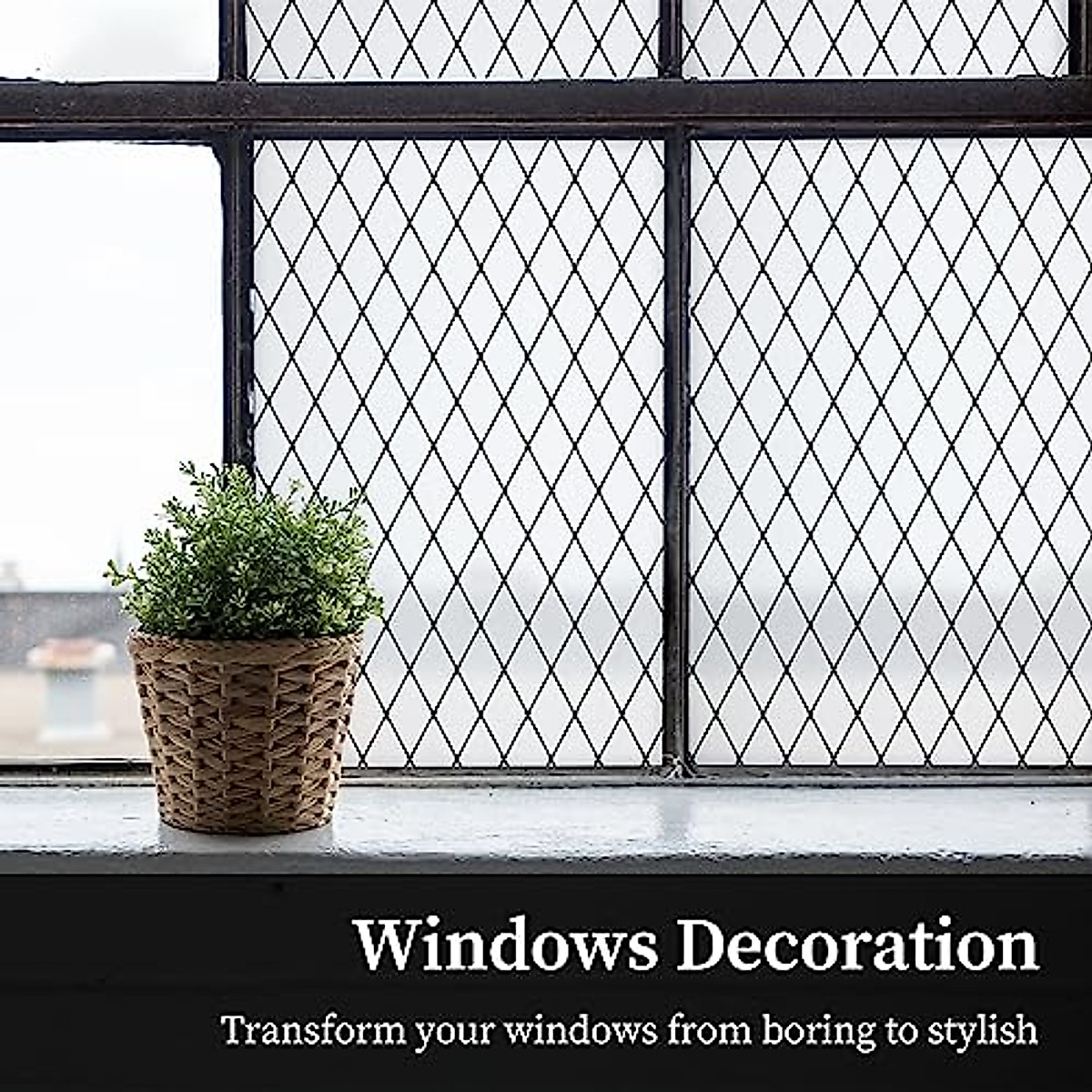 FEOMOS Window Privacy Film, Frosted Glass Window Film, Static Cling Window Tint for Home Décor & Anti UV, Black Lattice Sun Blocking Window Covering 17.3x78.7 inches