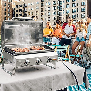 Onlyfire Flat Top Gas Griddle with Foldable Legs, 3-Burner Stainless Steel Propane Gas Grill Griddle, 24” Portable Tabletop Griddle for Outdoor Cooking Camping Tailgating RV, 24000 BTU, GS309