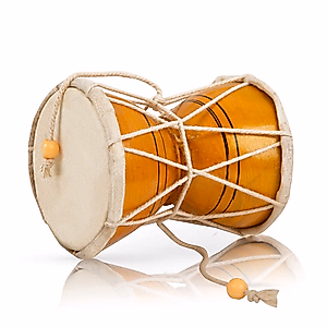 Handmade Wooden & Leather Classical Indian Folk Dumroo Damroo Damaru Hand Drum Set Percussion Decorative Collectible Showpiece World Musical Instruments (Yellow)