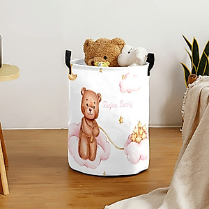 Cute Teddy Bear Stars Personalized Laundry Basket Clothes Round Storage Handle Waterproof, Custom Foldable Large Capacity and Lightweight, For Bedroom Bathroom Toy Decoration