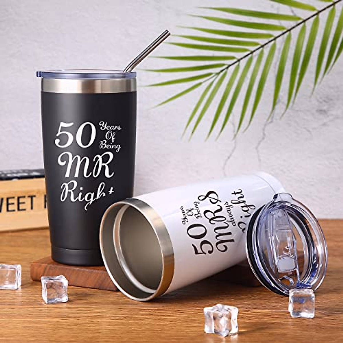 Patelai 2 Pieces Anniversary Wedding Gifts Anniversary Coffee Mug,Being MR/MRS Always Right Gifts Set for Couple or Friends, 20 oz Mug Tumbler with Lids and Gift Box 25th,30th,40th,50th (50th)