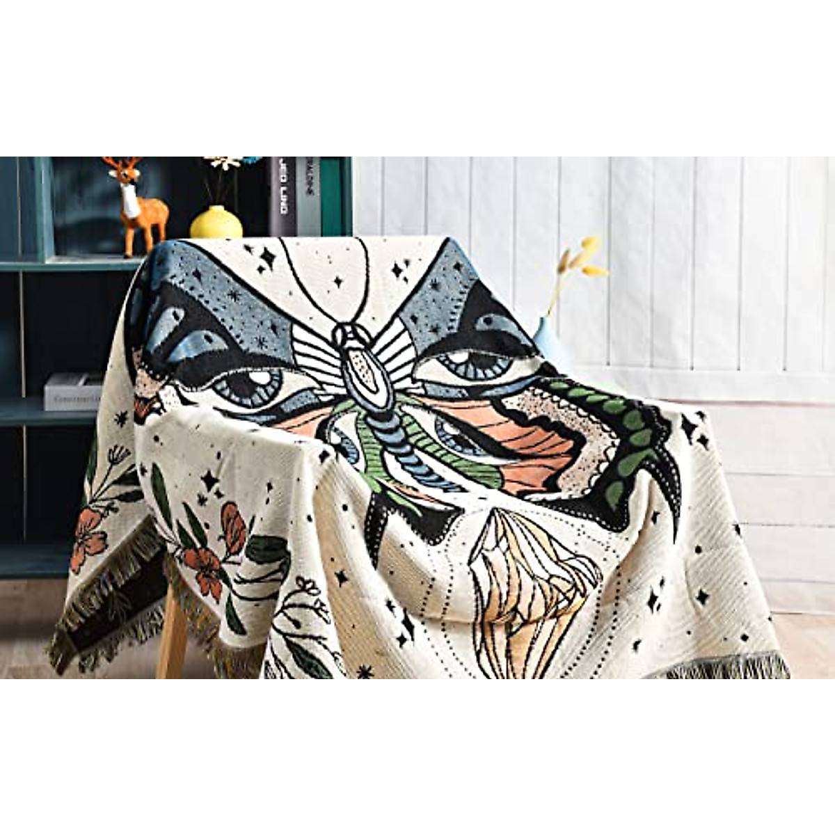 Shesyuki Boho Throw Blanket Reversible Cotton Bohemian Tapestry Hippie Room Decor Outdoor Blanket Double Sided (Month Moth White, 50"x60")