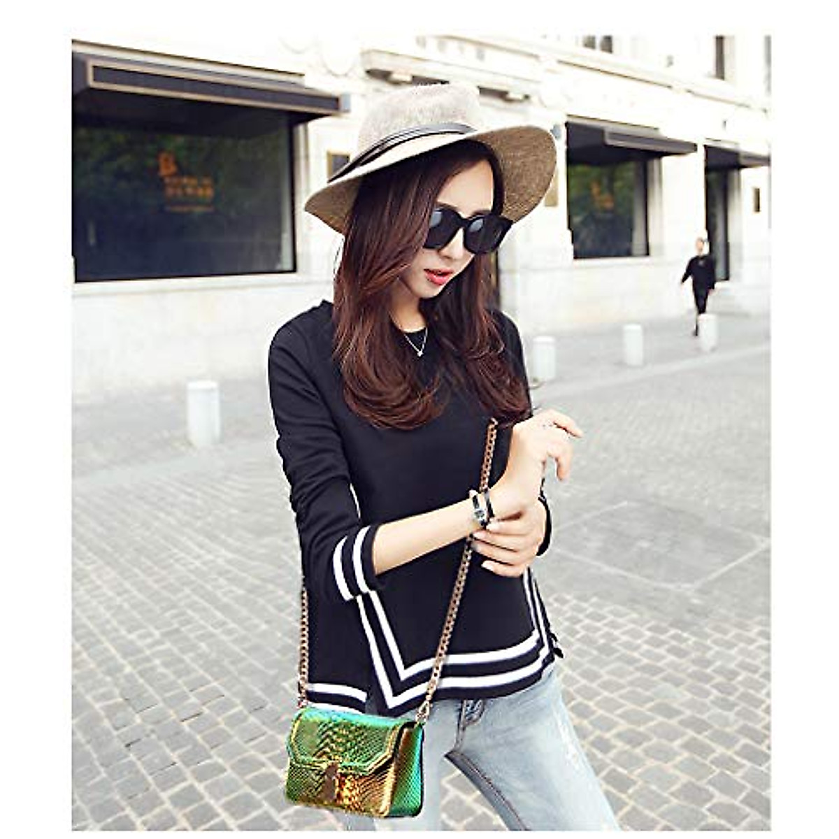 Remeehi Hologram Snake Skin Leather Shoulder Bag Crossbody Bag with Chain (Hologram Green)