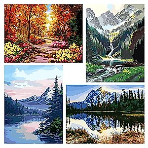 Qoosea 4 Pack Paint by Numbers for Adults Landscape DIY Art Craft for Beginner Acrylic Painting On Canvas by Number for Home Wall Decor 12X16inch