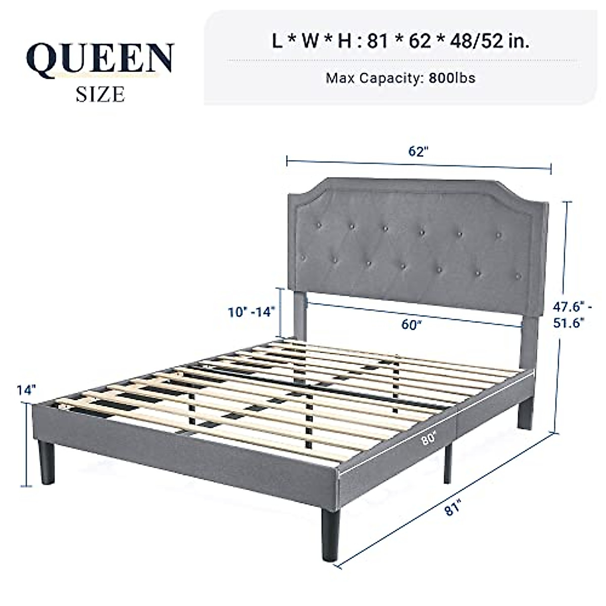 Allewie Upholstered Queen Size Platform Bed Frame with Adjustable and Curved Corner Design Headboard, Easy Assembly, No Box Spring Required, Light Grey