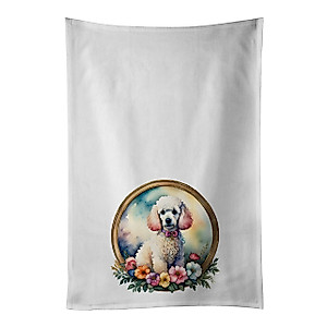 Caroline's Treasures White Poodle and Flowers Kitchen Towel Set of 2 White Dish Towels Decorative Bathroom Hand Towel for Hand, Face, Hair, Yoga, Tea, Dishcloth, 19 X 28, White