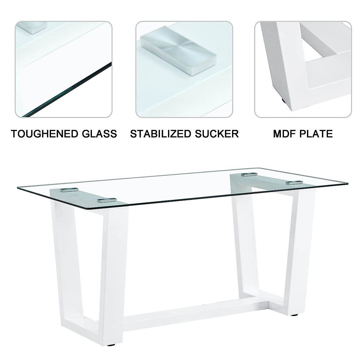 VENBER 63" Rectangular Glass Dining Table for 6-8, Large Modern Minimalist with 0.4" Tempered Glass Tabletop and MDF Trapezoid Bracket,for Kitchen Dining Living Meeting Room (White)