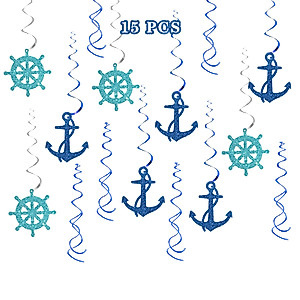 Maicaiffe Nautical Hanging Swirl Decorations - Glitter 15 Pcs Ship Anchor Baby Shower Party Supplies - Wedding - Engagement - Birthday Streamers - Nautical Sailor Party Foil Swirls Ceiling Decorations