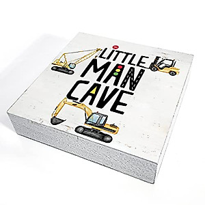 Construction Nursery Little Man Cave Wood Box Sign Construction Truck Transportation Vehicle Wooden Box Sign Plaque for Wall Desk Home Boys Room Decoration